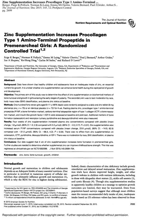 Pdf Zinc Supplementation Increases Procollagen Type 1 Amino Terminal