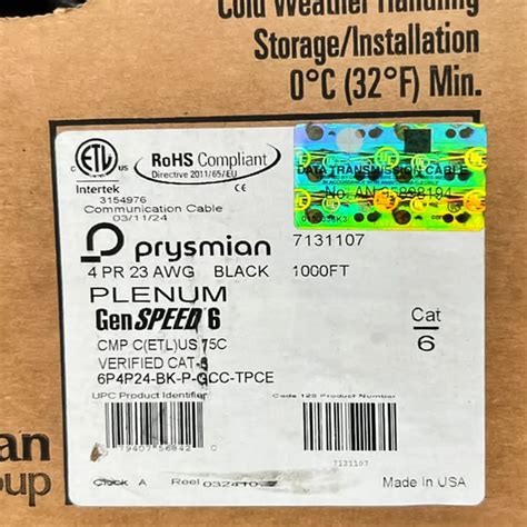General Cable 7131107 Cat6 Plenum 1000ft Utp 23awg Black Ethernet Cabl
