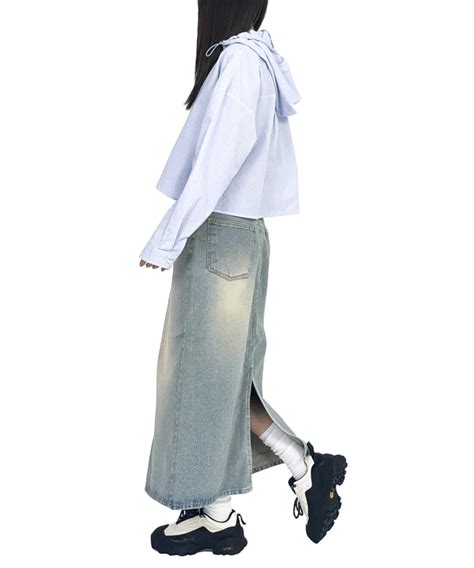 샌드 워싱 뒷트임 데님 롱 스커트