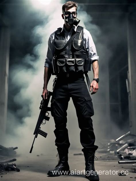 Tall And Slim Armed Vigilante In Bulletproof Vest And Gas Mask Ai Art Generator