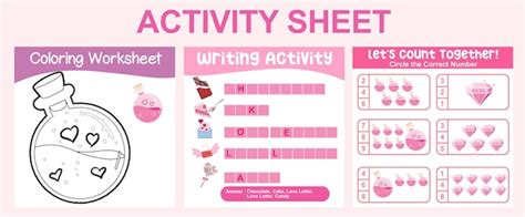 어린이를 위한 3 In 1 활동 시트 교육용 인쇄용 워크시트 벡터 파일 프리미엄 벡터