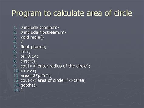 solution lecture 5 c example program to calculate area of circle