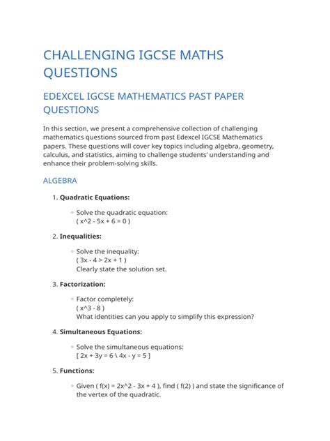 Challenging Igcse Maths Questions Pdf Area Equations