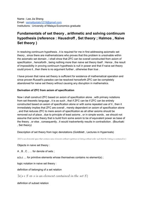 Pdf Fundamentals Of Set Theory Arithmetic And Solving Continuum Hypothesis Reference Pdf Fundamentals Of Set Theory Arithmetic And Solving Continuum Hypothesis Reference