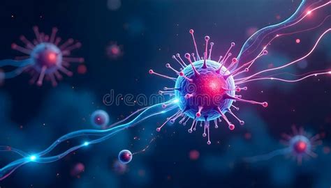 Digital Illustration Depicts A Virus With A Large Central Spherical Body In Blue And Red Hues