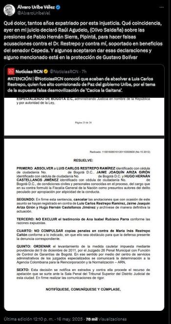 Álvaro Uribe Celebró La Absolución Del Excomisionado De Paz Luis Carlos Restrepo Y Lanzó Pullas