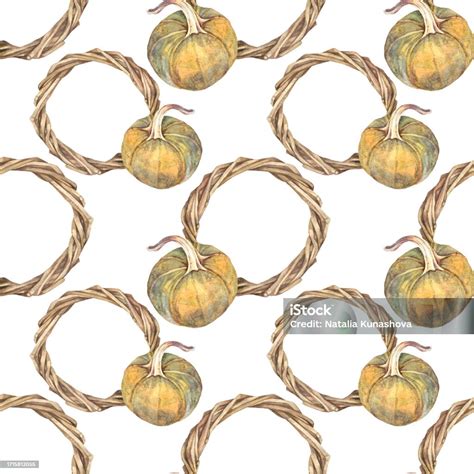 매끄러운 패턴의 수채화 Boho 화환은 흰색 배경에 복사 공간과 가을 호박이 있는 버드나무입니다 축하를 위해 손으로 그린 예술 드림캐쳐 또는 스티커 장식 벽지 또는 포장 0