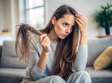 A Sad Woman In The Living Room Looking On Her Long Hair Falling Out