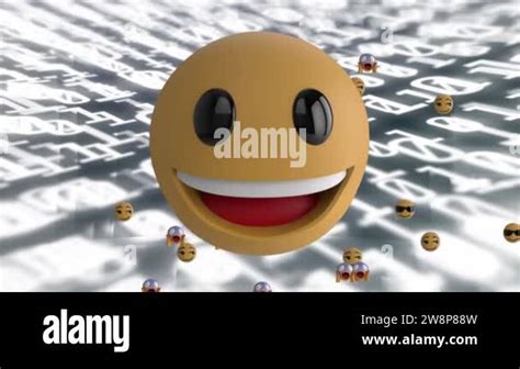 Animation Of Happy Emoji Over Floating Emojis With Binary Code In
