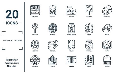 음식과 디저트 선형 아이콘 세트입니다 얇은 라인 도시락 케이크 팝 멜론 팬 오믈렛 수플레 땅콩 버터 보고서 프리젠 테이션 다이어그램 웹 디자인을위한 Naan 아이콘 포함 0