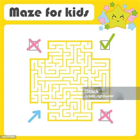 정사각형 색상 미로 아이 워크 시트 활동 페이지 게임 퍼즐 파란색 화살표에서 녹색 확인 표시까지 올바른 경로를 찾습니다 귀여운 만화 스타입니다 벡터 그림입니다 이미지에 대한