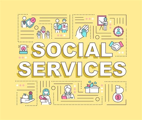 사회 서비스 단어 개념 배너입니다 공공 커뮤니티를 위한 비영리 지원 노란색 배경에 선형 아이콘이 있는 인포 그래픽입니다 고립 된 인쇄 술입니다 벡터 개요 Rgb 컬러