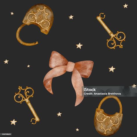 수채화 패턴 빈티지 성 열쇠 활 별 직물 직물 의류 포장 카드에 대한 어두운 배경에 그림 골동품에 대한 스톡 벡터 아트 및 기타 이미지 Istock