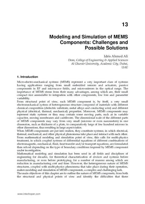 pdf modeling and simulation of mems components challenges and · mems modeling and