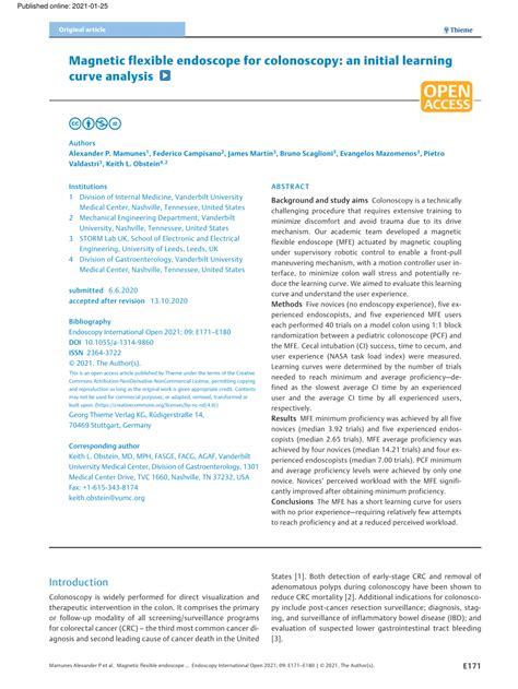 Pdf Magnetic Flexible Endoscope For Colonoscopy An Initial Learning