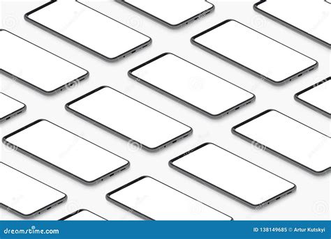 Isometric Black Realistic Smartphones With Blank White Screens Grid