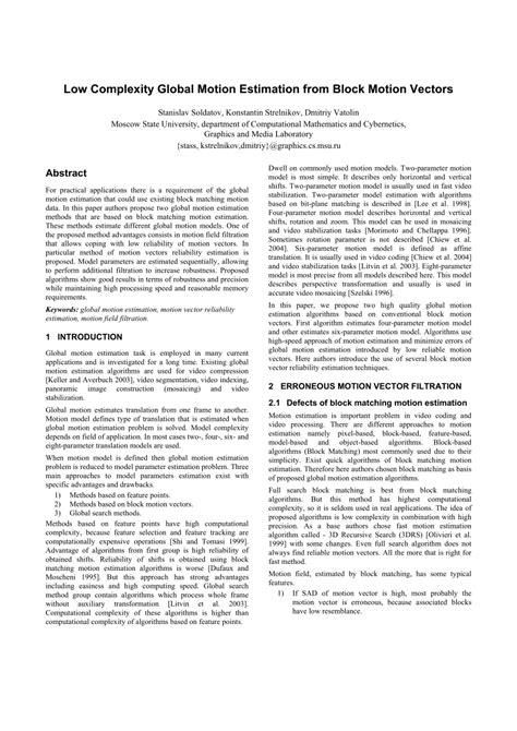 Pdf Low Complexity Global Motion Estimation From Block Motion Vectors