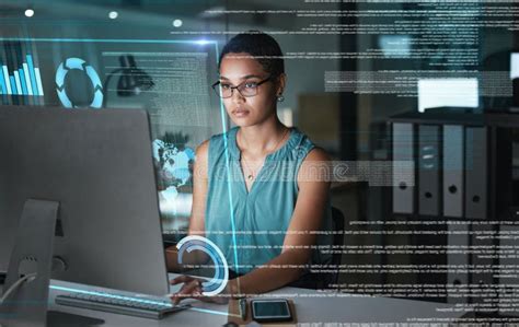 Computer Hologram Hud Working Or Woman Review Finance Chart Stock Market Database Or