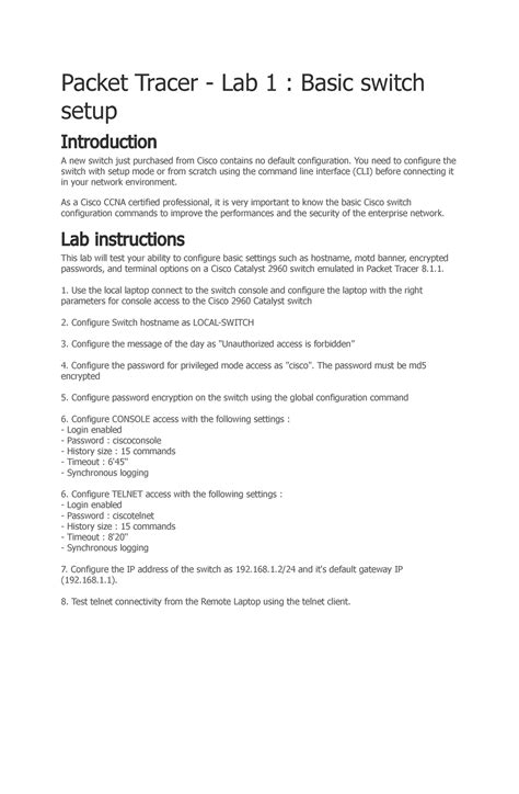 Packet Tracer Lab2 Networking Laboratory Packet Tracer Lab 1 Basic Switch Setup