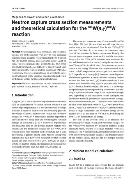 Pdf Neutron Capture Cross Section Measurements And Theoretical Calculation For The 186w N γ