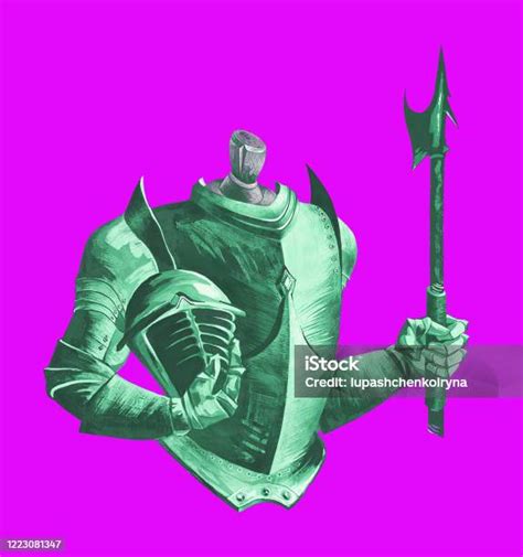 밝은 분홍색 배경에 마네킹에 남성 중세 갑옷과 금속 Halberds의 역사적인 주제에 종이에 구아슈의 예술 상징적 인 색상 드로잉의 유행 삽화 우화 전사와 무기 현대 작품