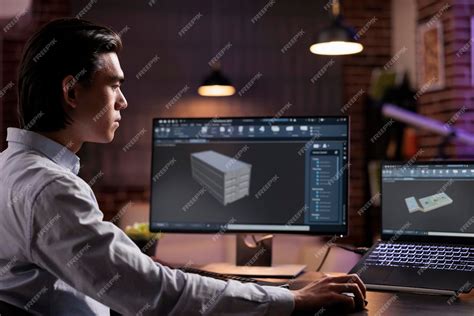 Premium Photo Cad Developer Working On Industrial Manufacture Of Technical Engine Product With