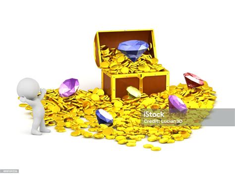 3d 캐릭터 금화와 보석 가득 보물 상자 보고 3차원 형태에 대한 스톡 사진 및 기타 이미지 3차원 형태 가득 찬 귀한 보석 Istock
