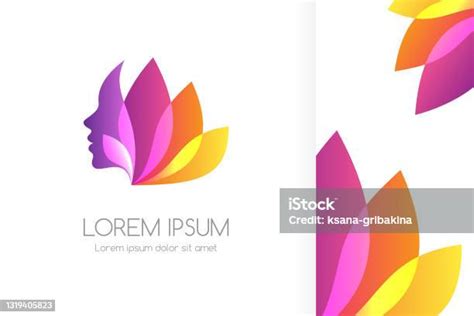 뷰티 여성 로고가 있는 다채로운 연꽃 여자는 장식 요소와 얼굴 살롱 화장품 또는 메이크업 디자인을위한 추상적 인 엠블럼 로고에 대한 스톡 벡터 아트 및 기타 이미지 Istock