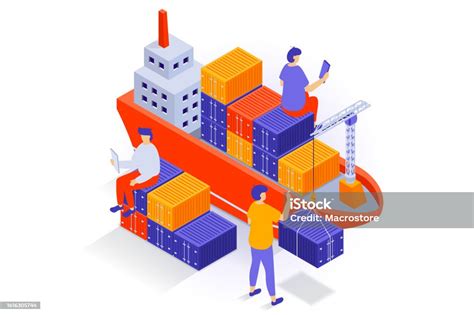 3d 등각 투영 설계의 운송 및 물류 개념입니다 사람들은 화물선으로 상업용 해상 운송을 하는 배송 회사에서 일합니다 웹 그래픽을 위한 등각측정 장면이 있는 벡터 그림 3차원