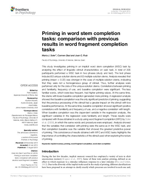 Pdf Priming In Word Stem Completion Tasks Comparison With Previous Results In Word Fragment