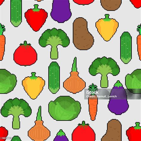 야채 픽셀 아트 패턴이 원활 합니다 8 비트 야채 배경 토마토와 양배추를 픽셀화합니다 피망과 가지 감자 양파 브로콜리 오이와 당근 벡터 텍스처 가지 채소에 대한 스톡 벡터