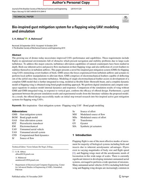 Pdf Bio Inspired Gust Mitigation System For A Flapping Wing Uav Modeling And Simulation