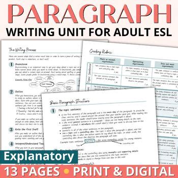 Adult ESL Paragraph Writing Unit With Worksheets Rubric Explanatory