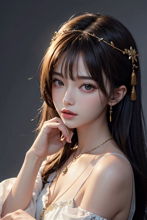 하얀 드레스와 금장신구를 착용한 긴 머리의 여자 Seaart Ai