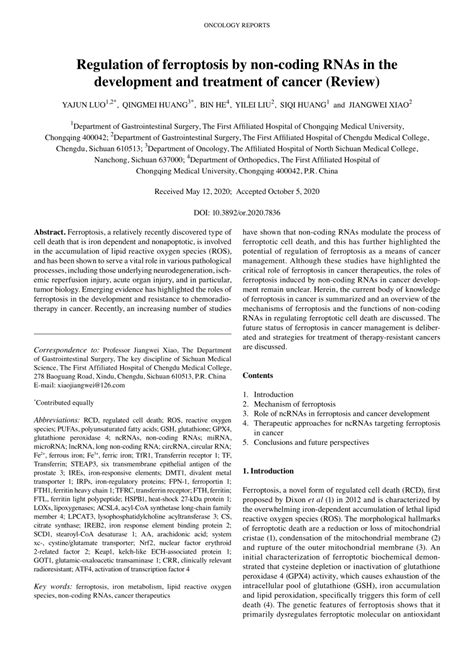 PDF Regulation Of Ferroptosis By Noncoding RNAs In The Development And Treatment Of Cancer