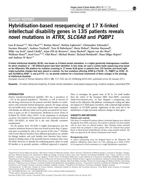 Pdf Hybridisation Based Resequencing Of 17 X Linked Intellectual Disability Genes In 135