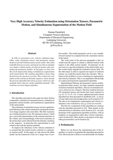 Pdf Very High Accuracy Velocity Estimation Using Orientation Tensors Parametric Motion And
