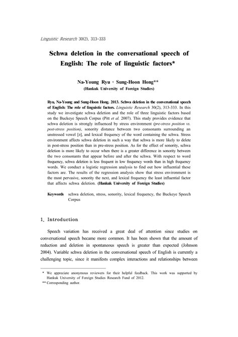 Pdf Schwa Deletion In The Conversational Speech Of English The Role