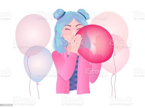 소녀는 풍선을 팽창시킵니다 사람들은 생일 파티를 준비하고 휴일을 축하하고 있습니다 휴가 준비 흰색 배경에 고립된 벡터 일러스트레이션입니다 가정 생활에 대한 스톡 벡터 아트