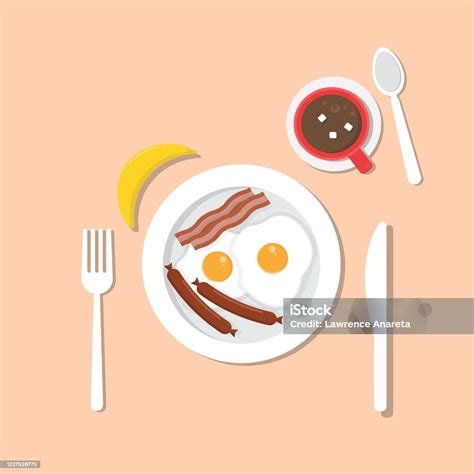 아침 식사 와 바나나 계란 소시지 베이컨 플레이트 포크 나이프 마시멜로 뜨거운 커피와 숟가락 벡터 일러스트 0명에 대한 스톡 벡터 아트 및 기타 이미지 Istock