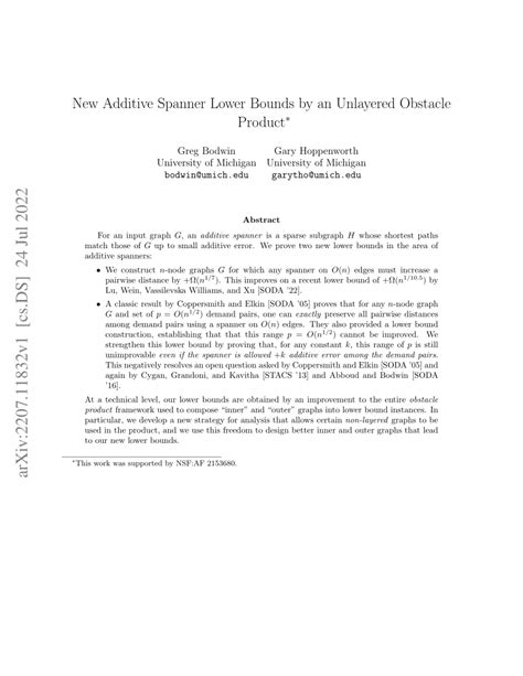 Pdf New Additive Spanner Lower Bounds By An Unlayered Obstacle Product