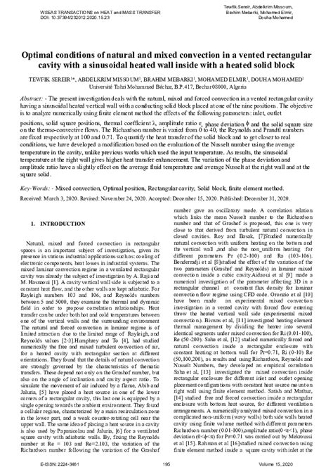 Pdf Optimal Conditions Of Natural And Mixed Convection In A Vented Rectangular Cavity With A