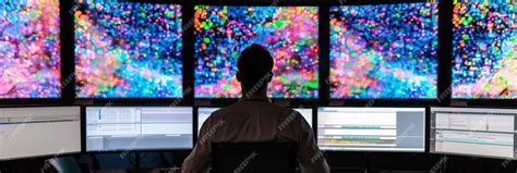 Big Data Revelation Analyst At A Workstation With Complex Data Visualizations On Multiple