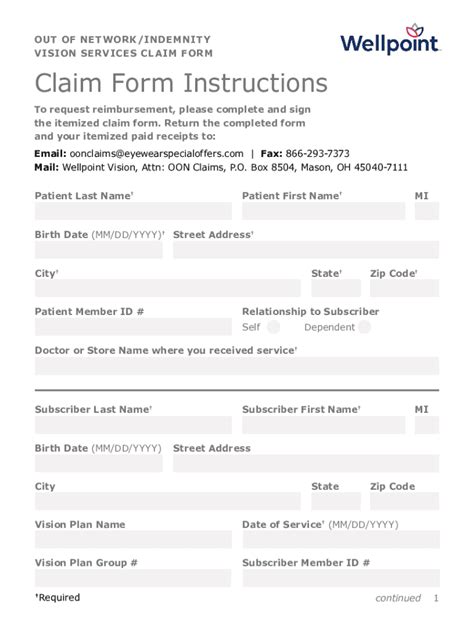 Fillable Online Wellpoint Out Of Network Vision Services Claim Form Fax Email Print Pdffiller