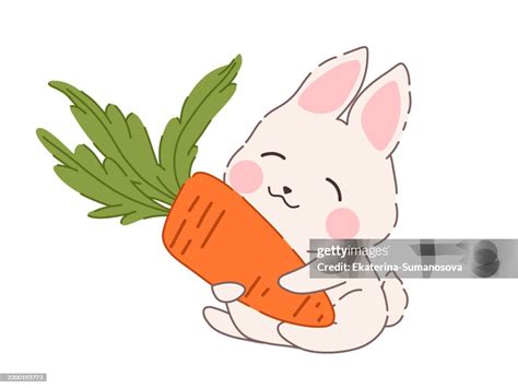 Sitting And Smiling Happy Kawaii Rabbit With A Big Carrot Cute Cartoon