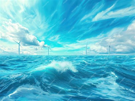 Tidal Energy Turbines Harnessing Ocean Power Captured In A Wideangle Shot With Dynamic Waves And