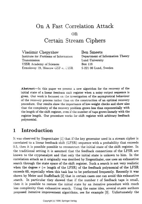 Pdf On A Fast Correlation Attack On Certain Stream Ciphers