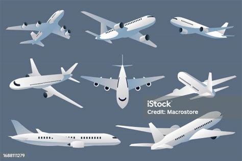 여객기 메가 세트 요소는 평면 디자인입니다 항공 터빈 날개 앞의 비행기 이륙 또는 착륙 전망이 있는 비행 비행기 묶음 벡터 그림 격리된 그래픽 개체 고립 색상에 대한 스톡