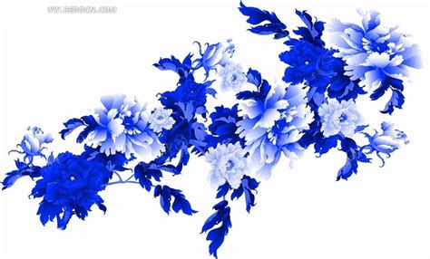 蓝色工笔画—湛蓝色牡丹花和叶子psd素材免费下载红动网