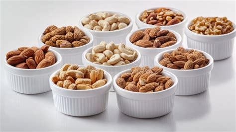 Variety Of Nuts In Small White Bowls Healthy Snacks Stock Image Image